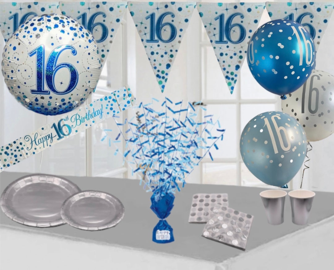 16th / Age 16 Birthday Party Blue Silver Themed Decorations and Table ...