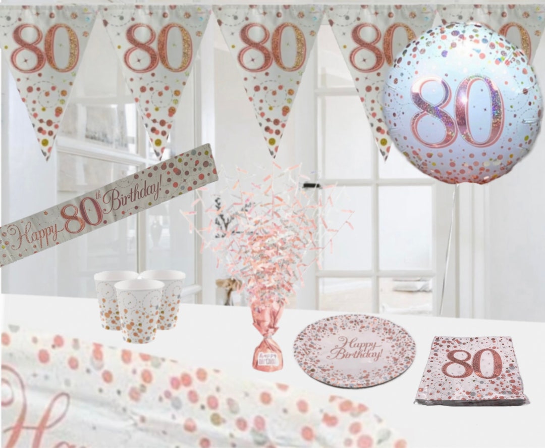 Age 80 & Happy Birthday White Rose Gold Themed Party Decorations and ...