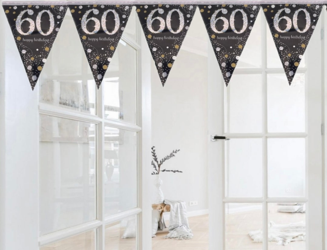 Black Gold Silver Sparkles 60th Happy Birthday Bunting Flags Banner 4m ...