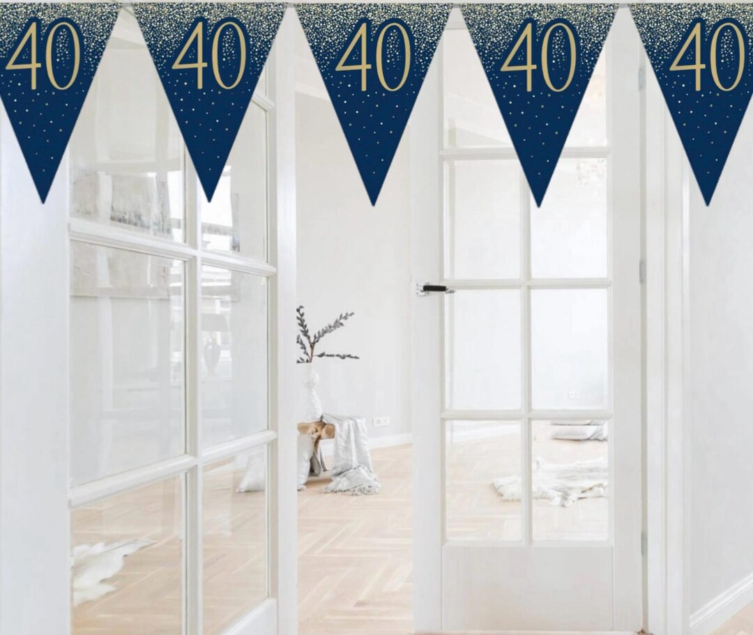 40th Birthday Navy Blue Gold Themed Bunting Flags Banner 9ft. Age 40 ...