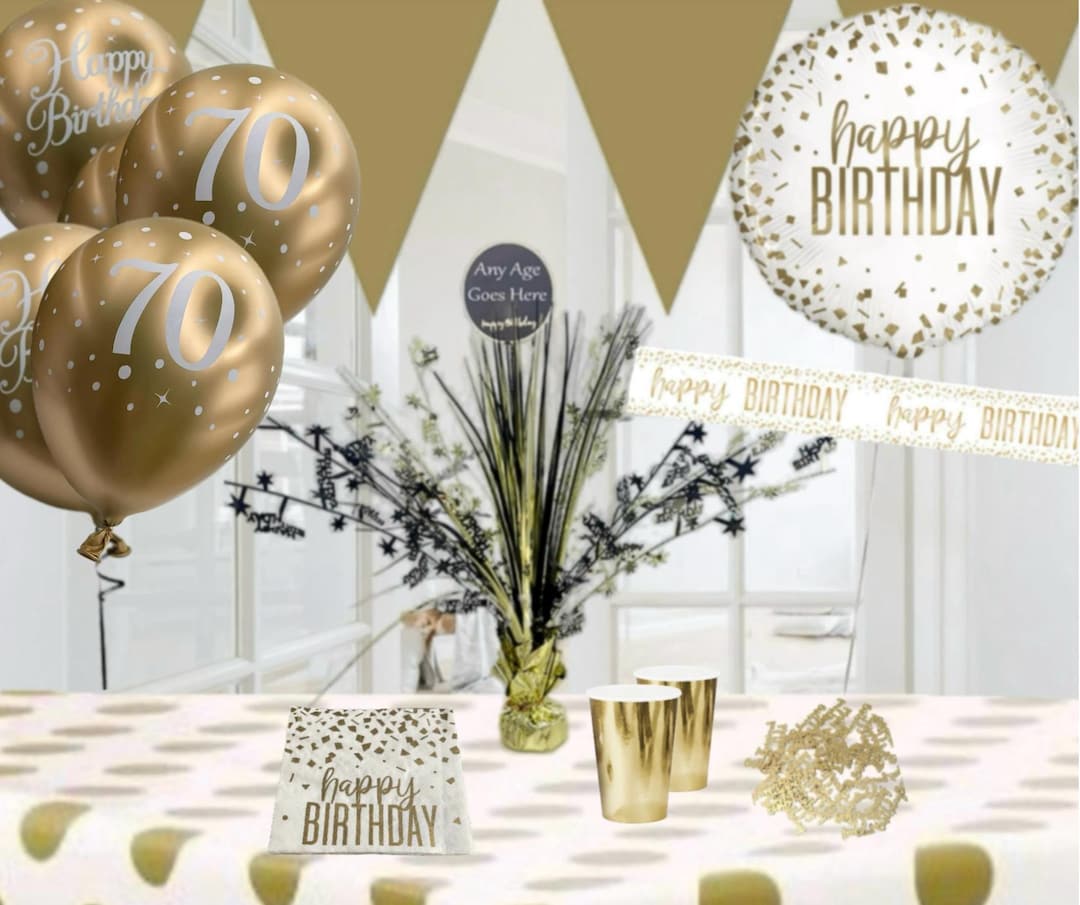 White and Gold 70th Birthday Party Decorations & Party Table ...