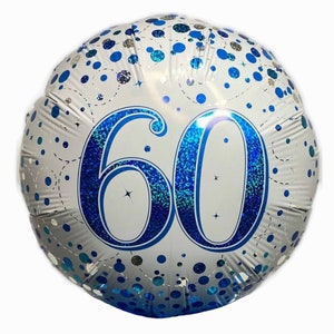Blue Silver White Age 60 Birthday Party 18” Foil Balloon. 60th Birthday ...