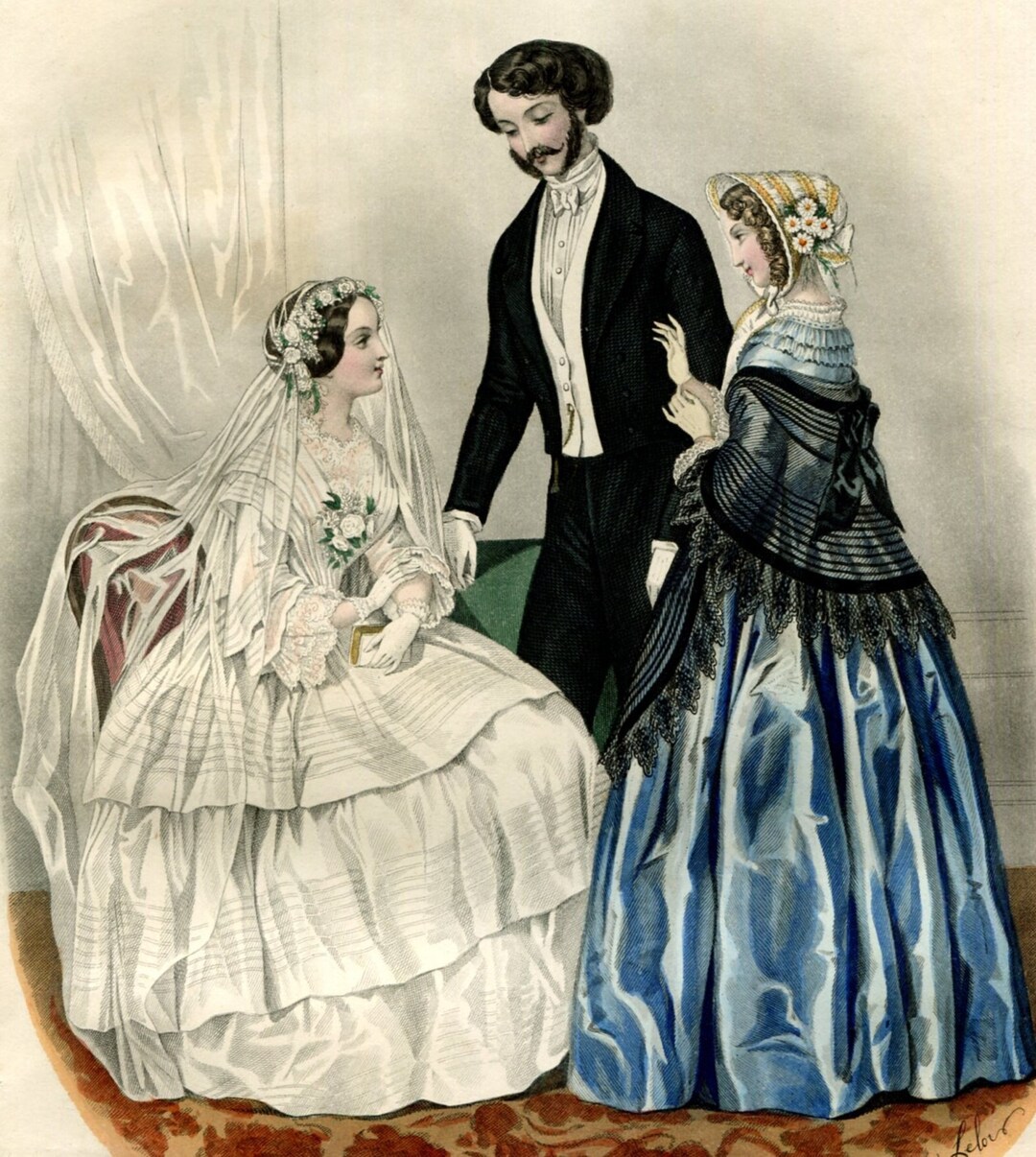 Antique Lithography 1860s Women & Man Fashion Print - Vintage Victorian ...