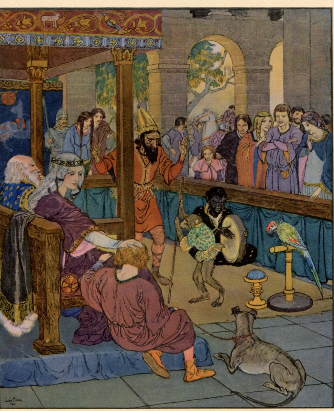 Antique Medieval Court Scene Illustration Noble Gathering With ...