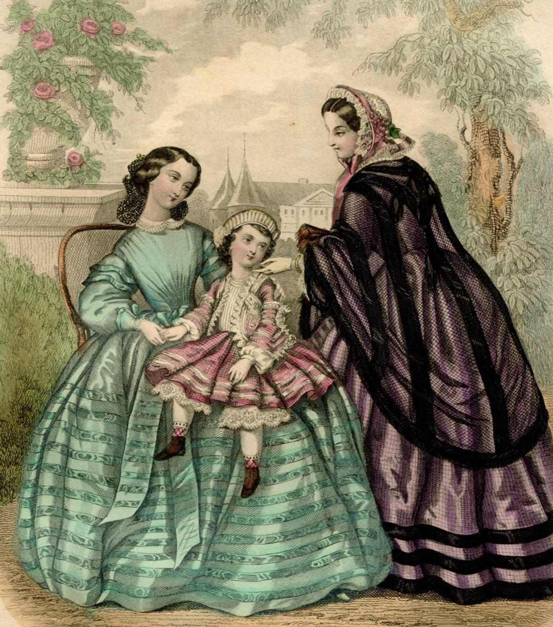 Antique Lithography 1860s Women & Children Fashion Print Vintage ...