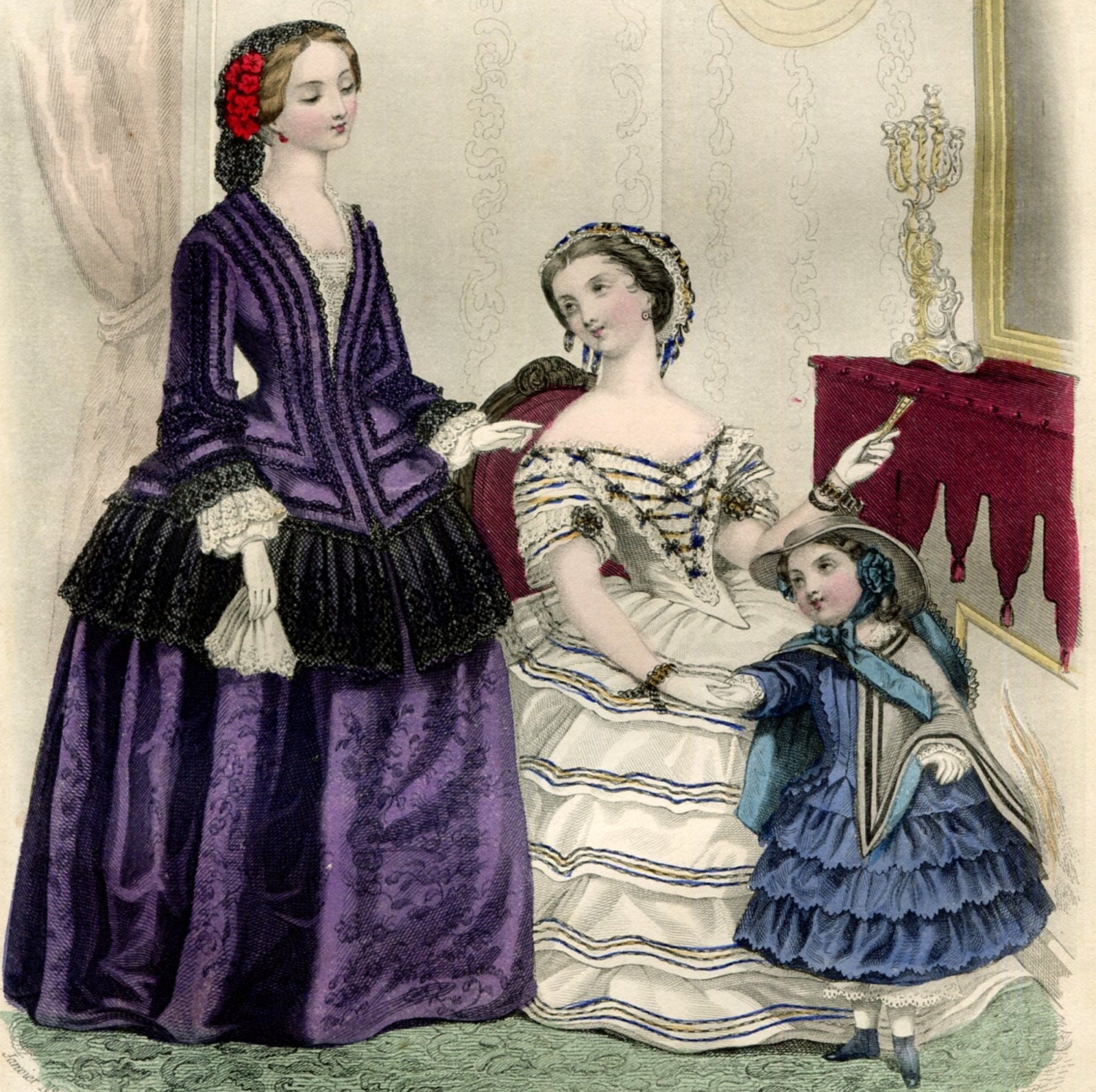 Antique Lithography 1860s Women & Children Fashion Print Vintage ...