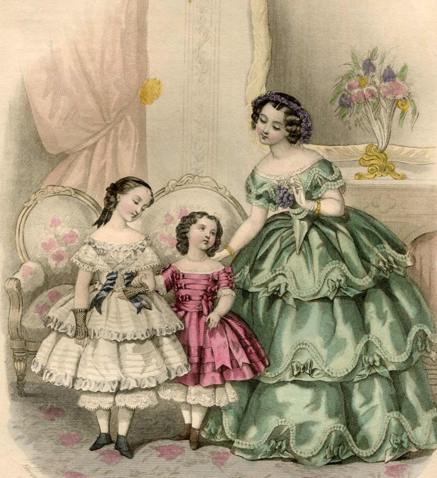 Antique Lithography 1860s Women & Children Fashion Print Vintage ...