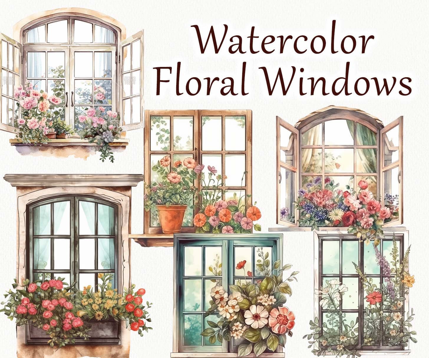 Floral Windows Clipart. Watercolor Spring Windows Illustration. Floral ...