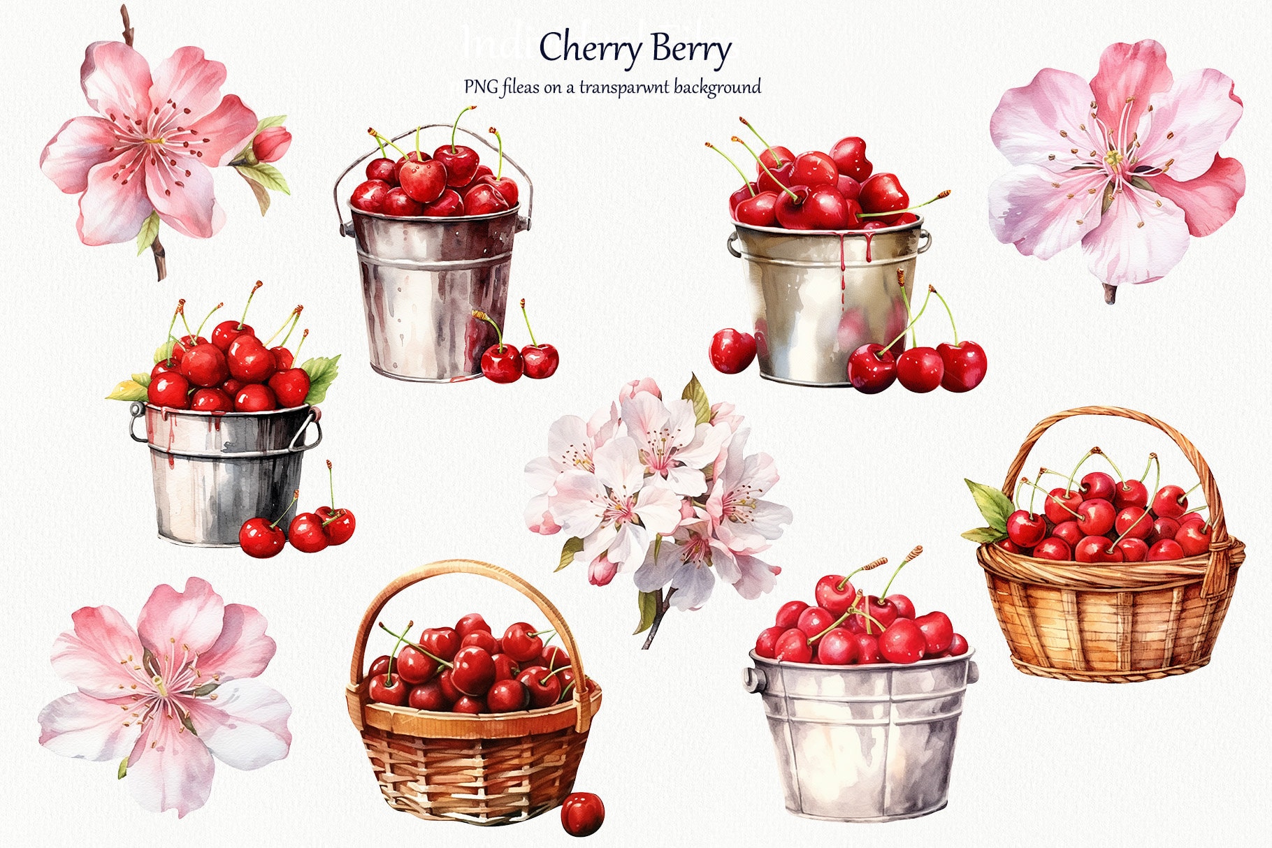 Cherry Berry Watercolor Clipart. Cherry Summer Clipart. Cherry Flower ...