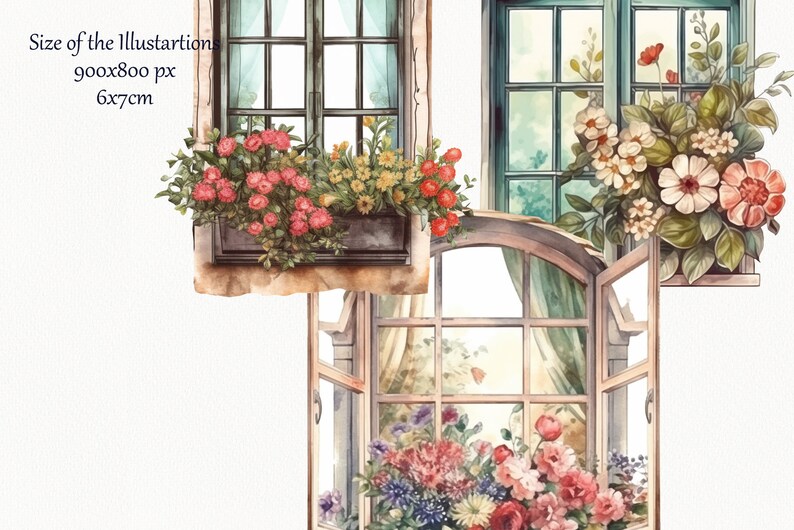 Floral Windows Clipart. Watercolor Spring Windows Illustration. Floral ...