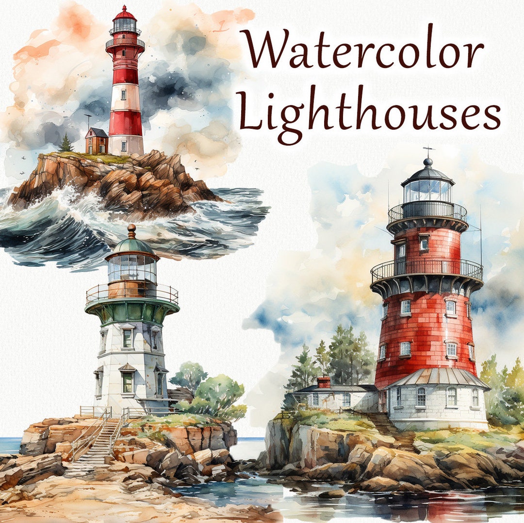Lighthouses Watercolor Clipart. Watercolor Lighthouse Illustration. Nautical Landscapes. Light ...