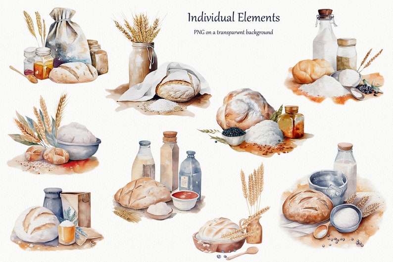 Baking Watercolor Clipart. Bread Clipart. Baking Supplies Illustration ...