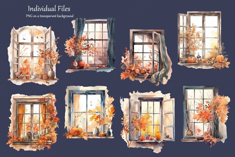 Autumn Windows Clipart. Watercolor Fall Windows Illustration. Fall ...