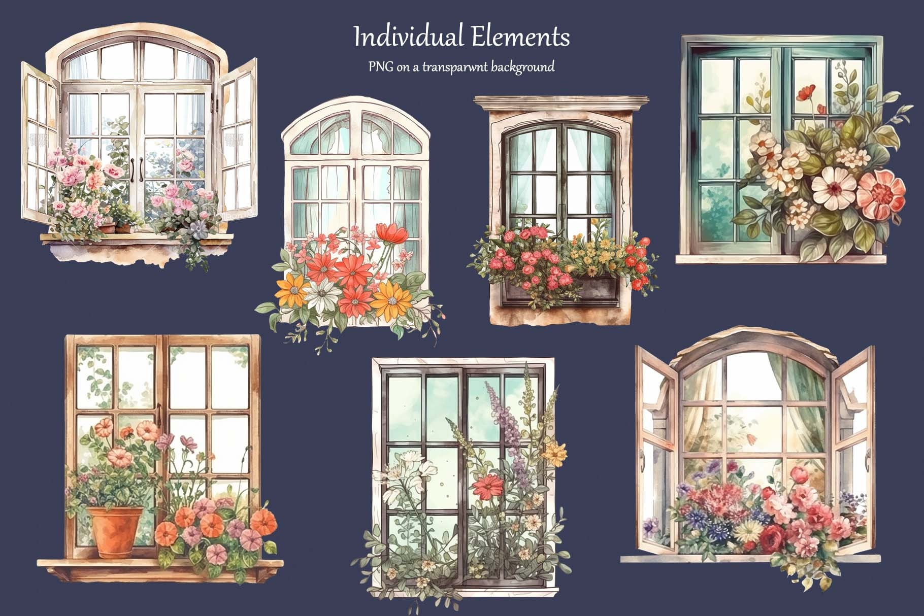 Floral Windows Clipart. Watercolor Spring Windows Illustration. Floral ...