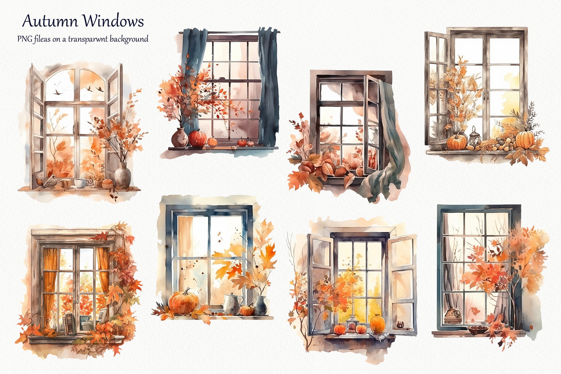 Autumn Windows Clipart. Watercolor Fall Windows Illustration. Fall ...