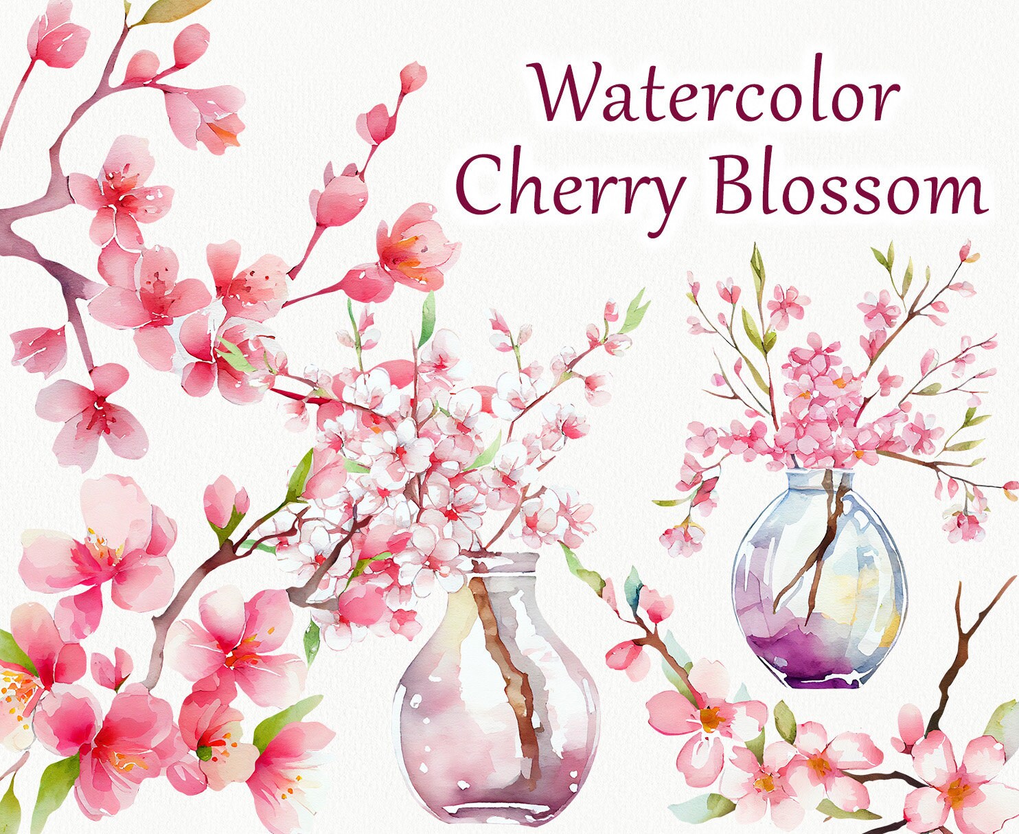 Cheryy Blossom Watercolor Clipart. Spring Flowers Clipart. Floral ...