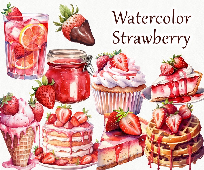 Strawberry Watercolor Clipart. Strawberry Waffle Clipart. Strawberry ...