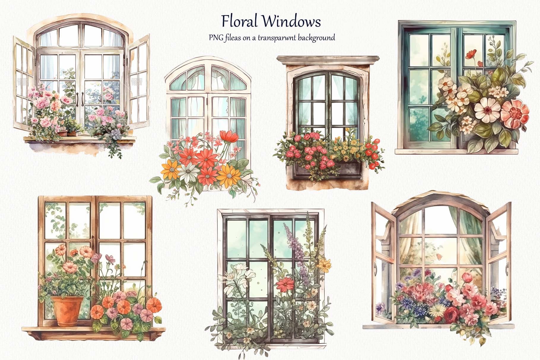 Floral Windows Clipart. Watercolor Spring Windows Illustration. Floral ...