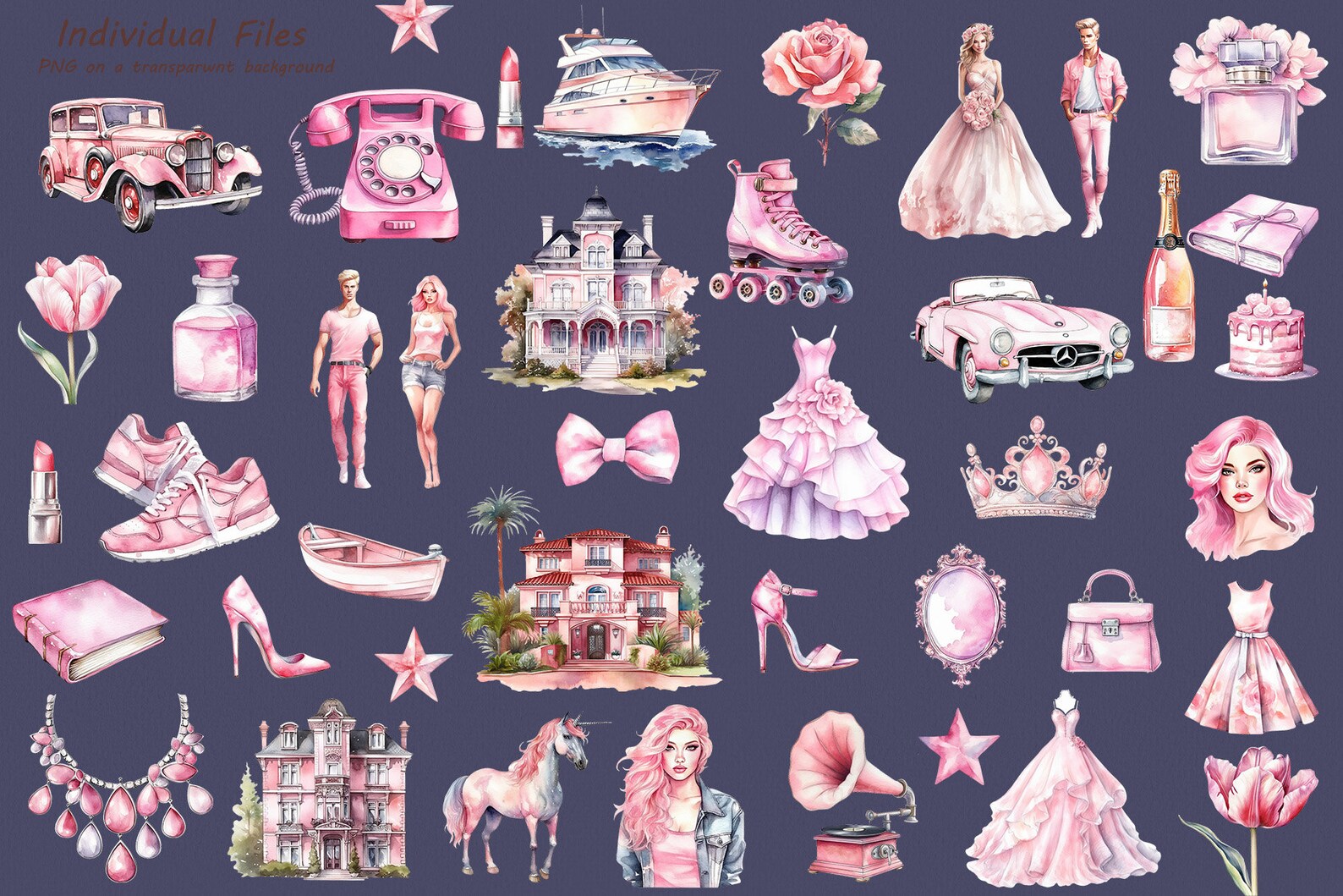 Pink Doll Watercolor Clipart. Pink Princess Clipart. Pink - Etsy
