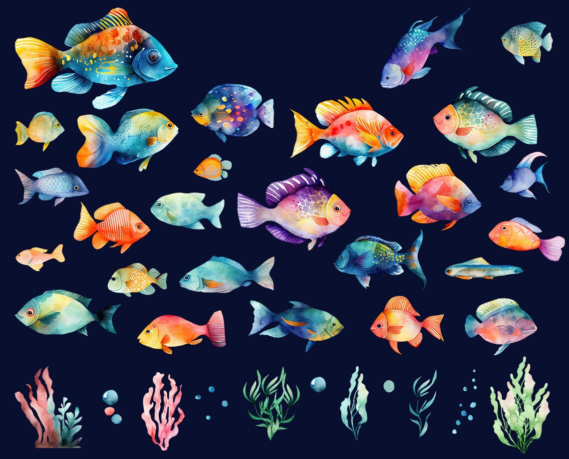 Watercolor Fish Clipart. Tropical Fish Clipart. Coral Reef - Etsy