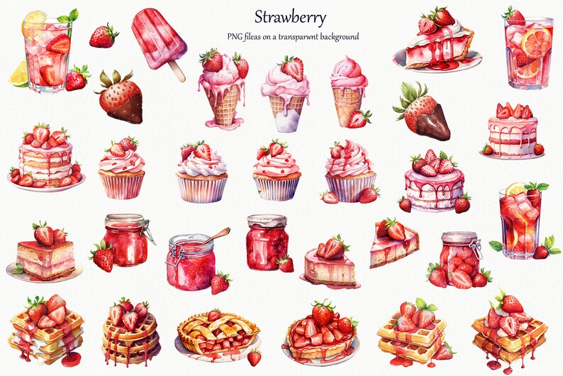 Strawberry Watercolor Clipart. Strawberry Waffle Clipart. Strawberry ...