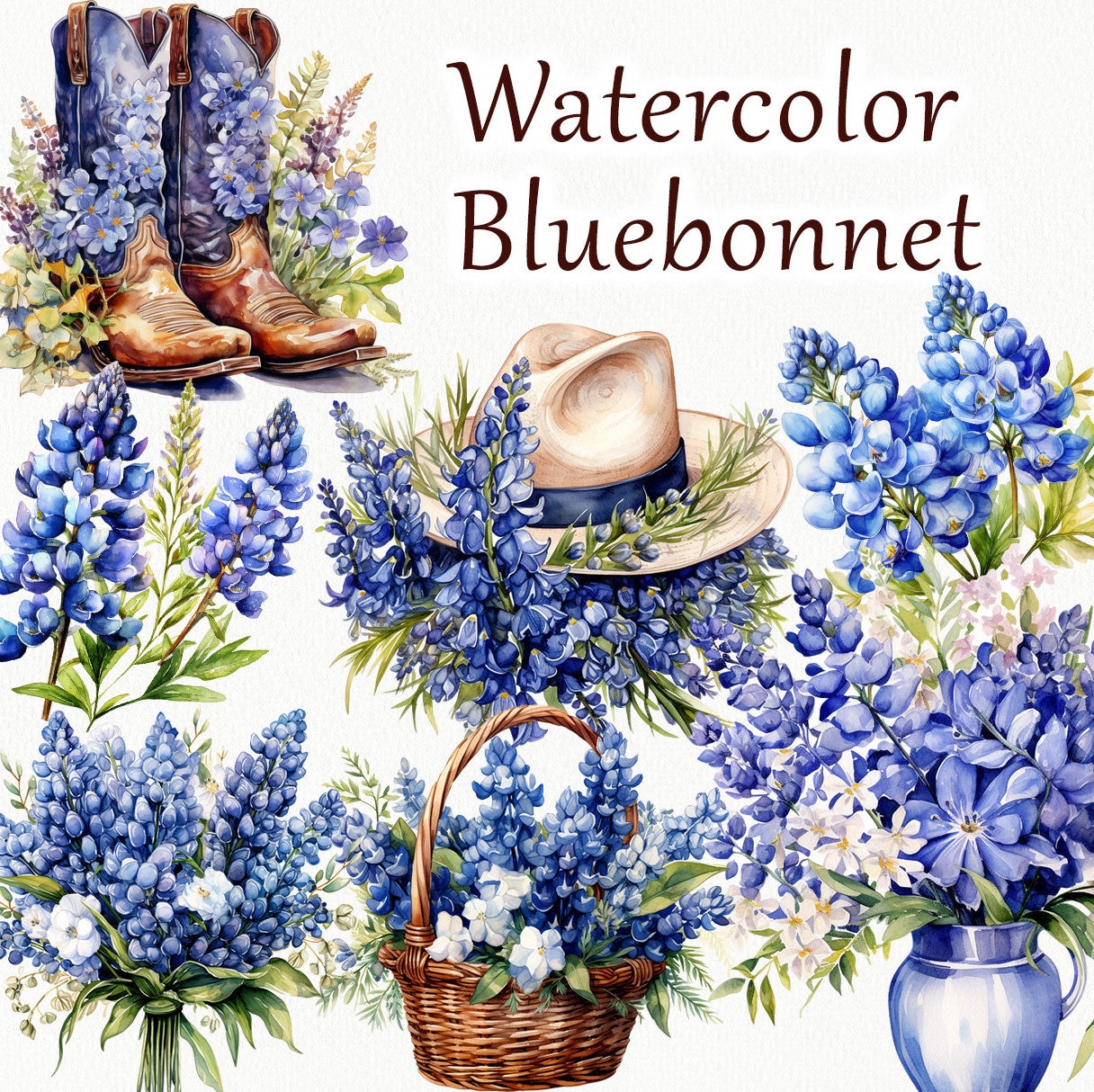Bluebonnet Watercolor Clipart. Texas Bluebonnet Floral Clipart ...