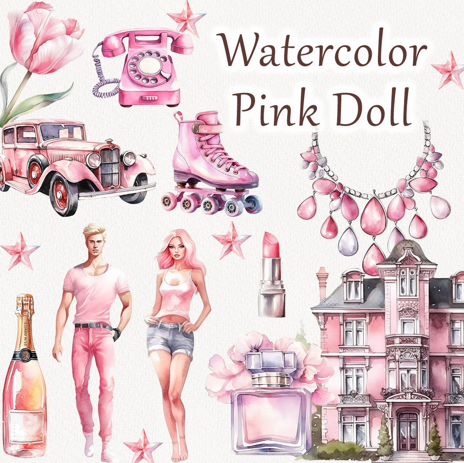 Pink Doll Watercolor Clipart. Pink Princess Clipart. Pink - Etsy