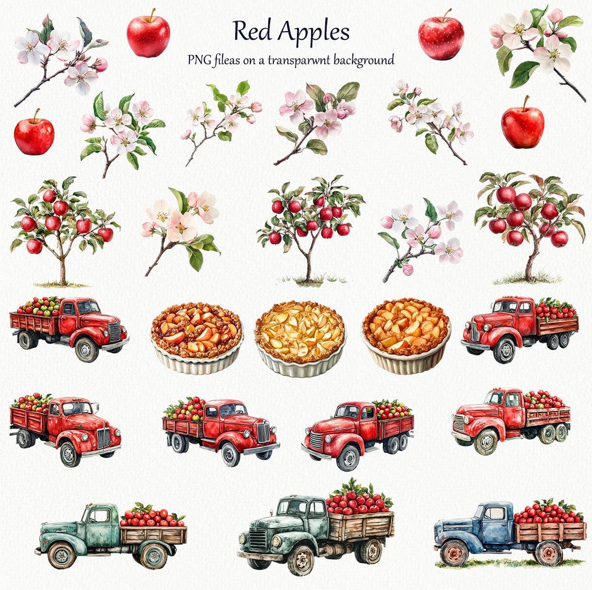 Red Apple Watercolor Clipart. Apples Summer Clipart. Apple Tree Clipart ...