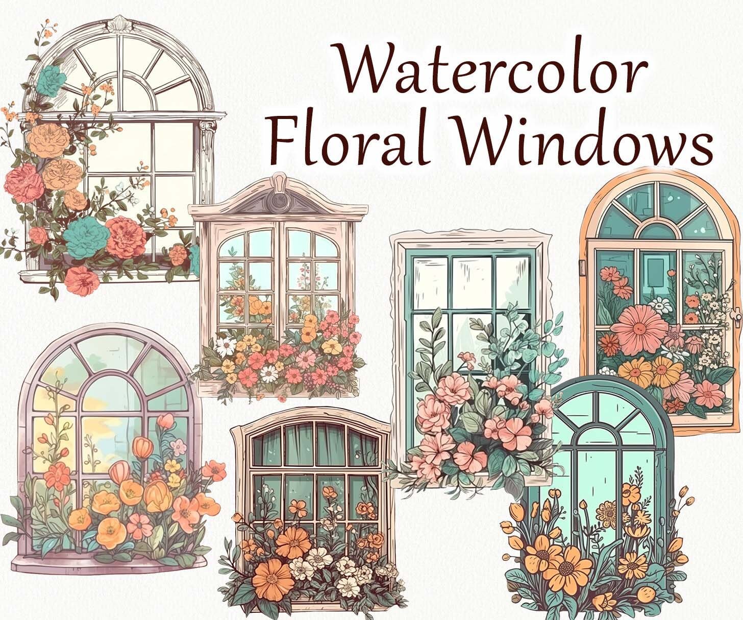 Floral Windows Clipart. Watercolor Spring Windows Illustration. Floral ...