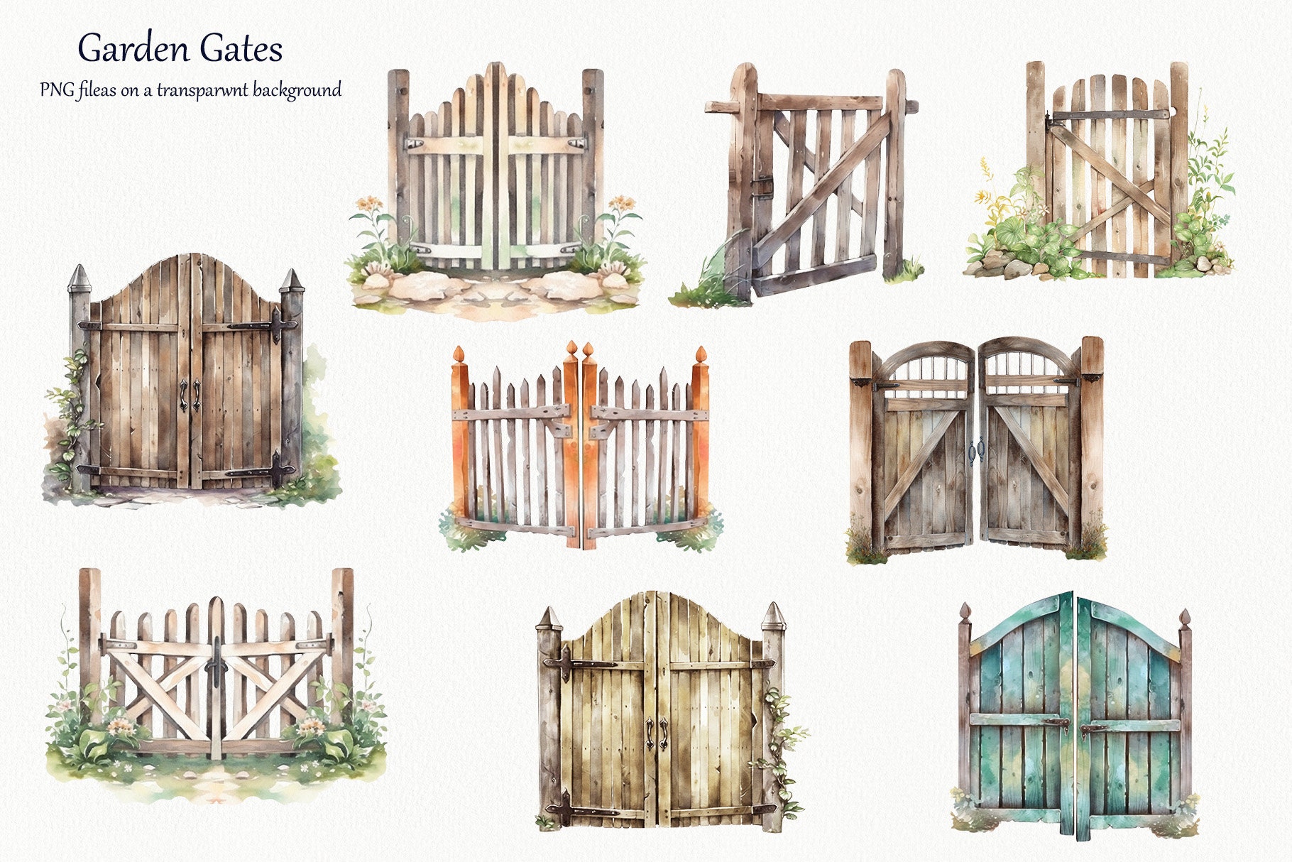 Garden Gates Clipart. Watercolor Farmhouse Gate Illustration. Buildings ...