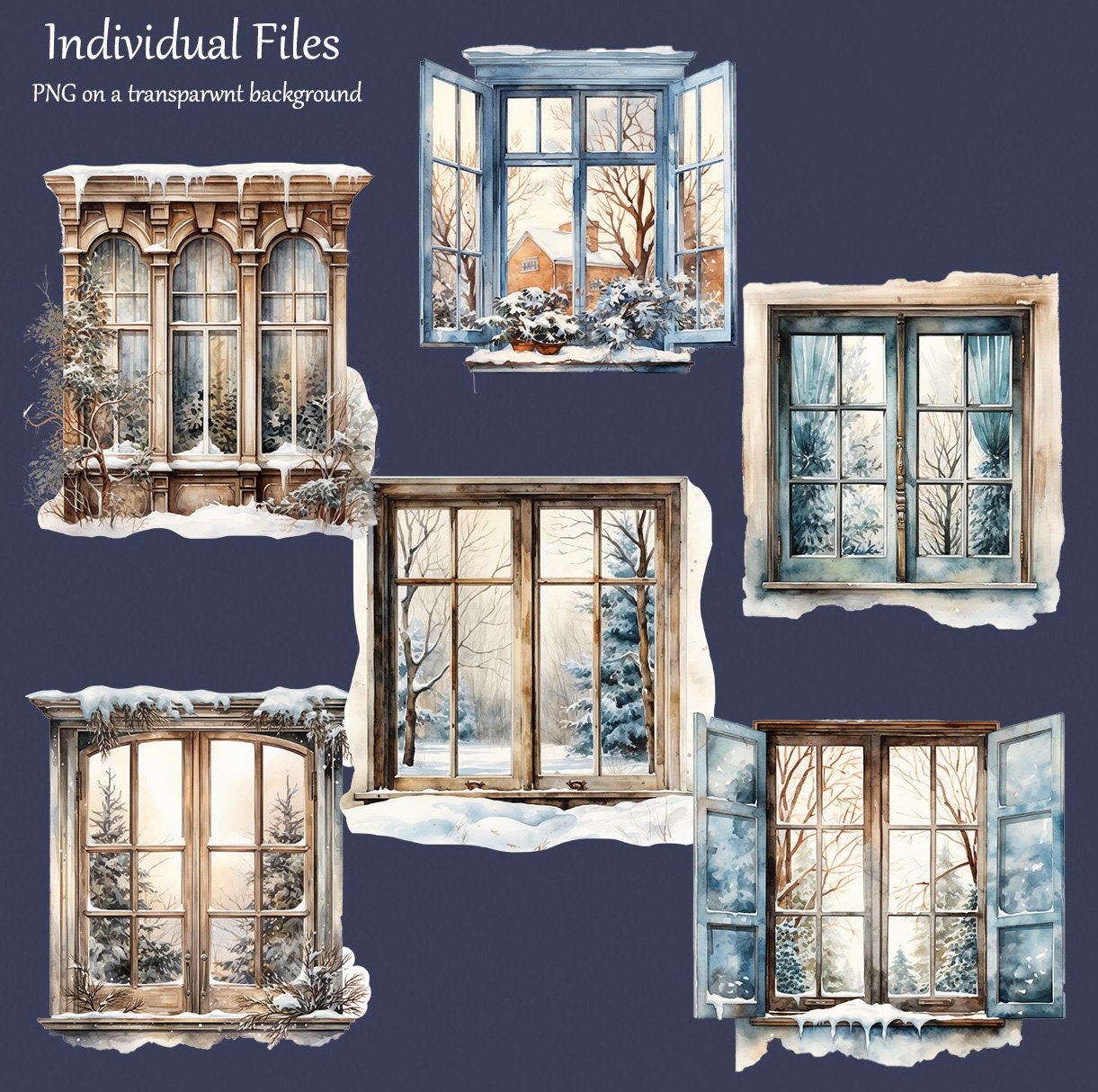Winter Windows Clipart. Watercolor Winter Windows Illustration. Winter ...