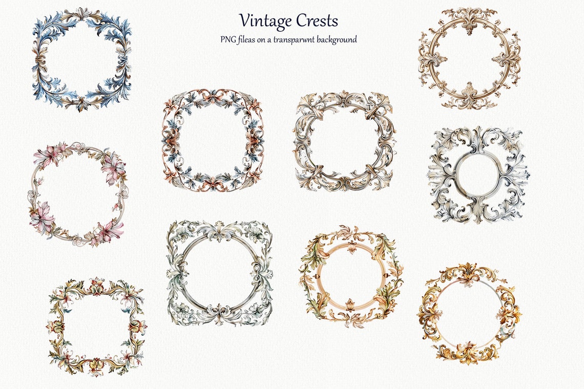 Watercolor Vintage Crest. Romantic Crest Collection. Crest Frames ...