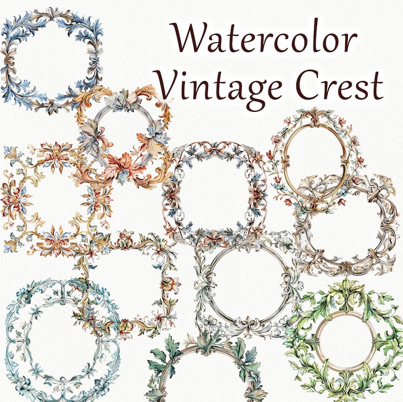 Watercolor Vintage Crest. Romantic Crest Collection. Crest Frames ...