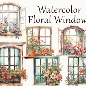 Floral Windows Clipart. Watercolor Spring Windows Illustration. Floral ...