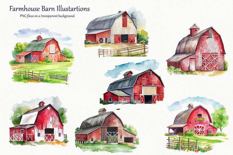 Barn Watercolor Clipart. Watercolor Farmhouse Barn Illustration ...
