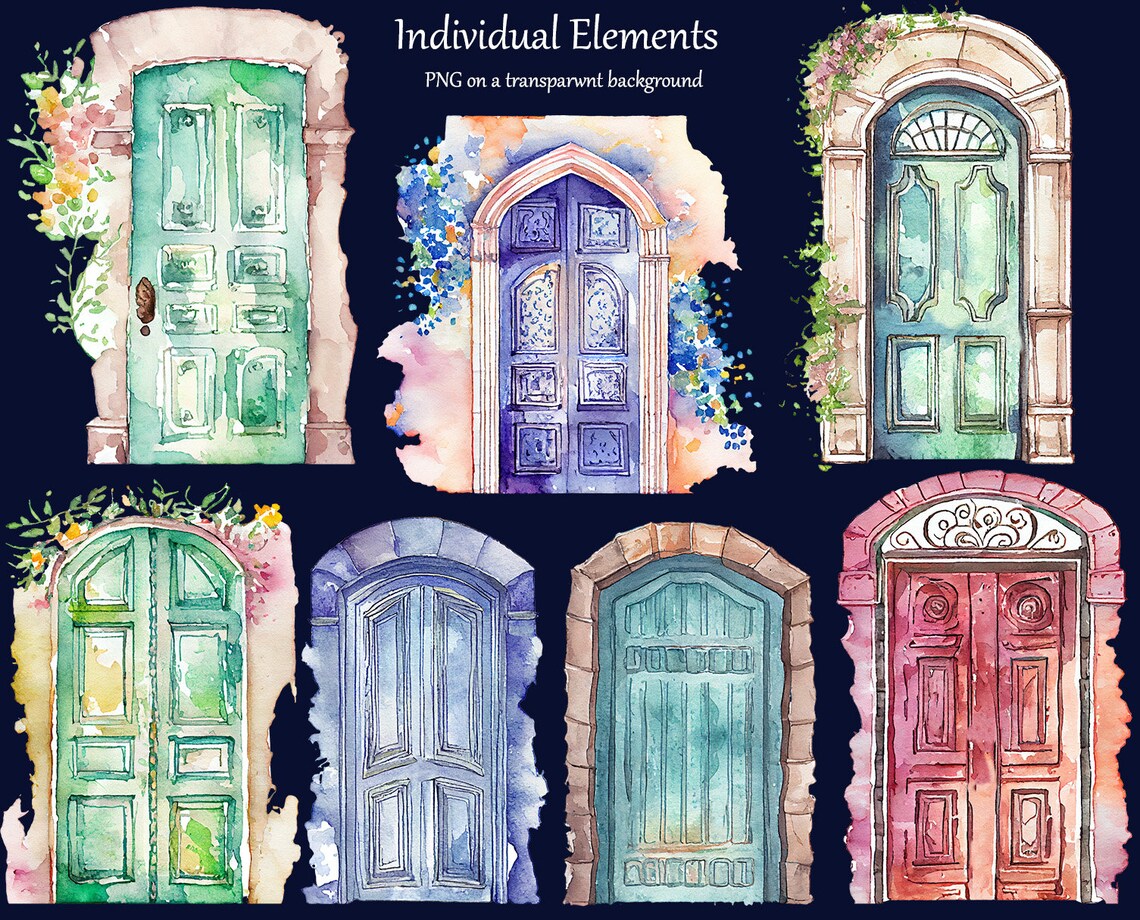 Doors Watercolor Clipart. Watercolor Vintage Door Illustration ...