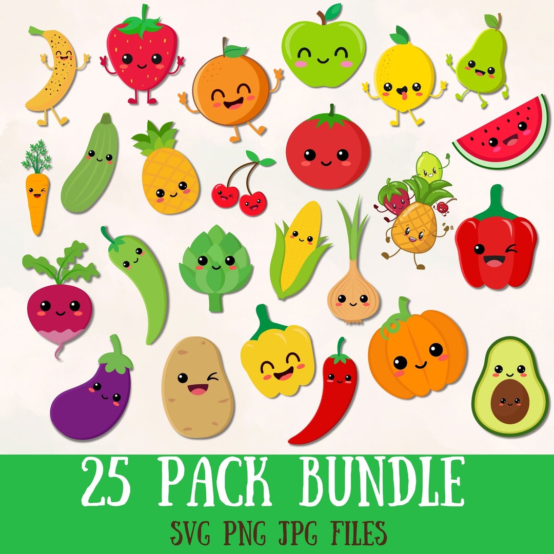 Cute Fruits and Vegetables SVG Clipart Kawaii Fruits PNG - Etsy