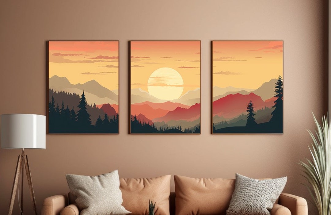 3 Panel Poster Set of Mountains With Sunrise - Minimalist Nature Art ...