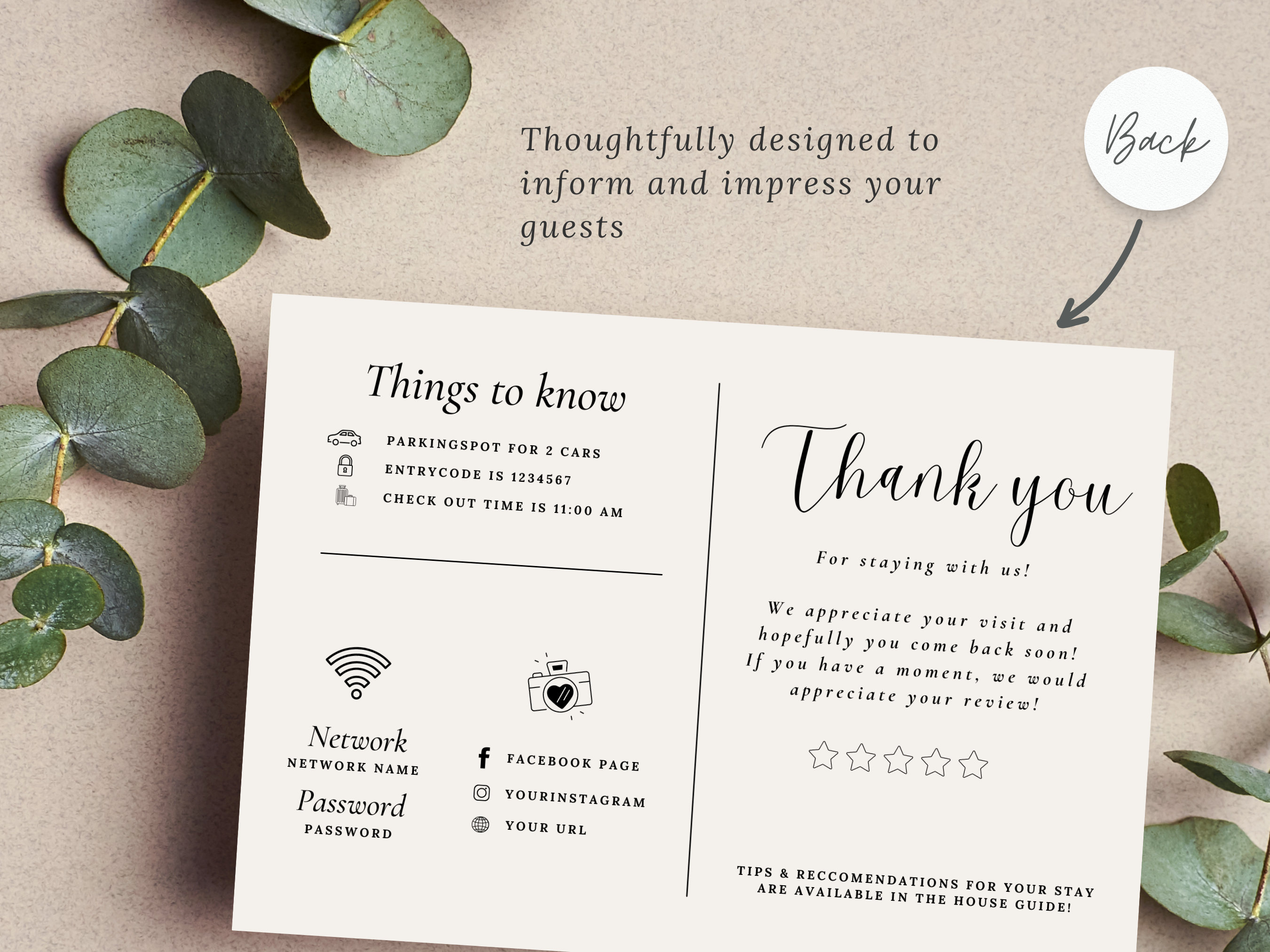 Welcome Card for Airbnb Short Term Rental Homes, Thank You for Staying ...