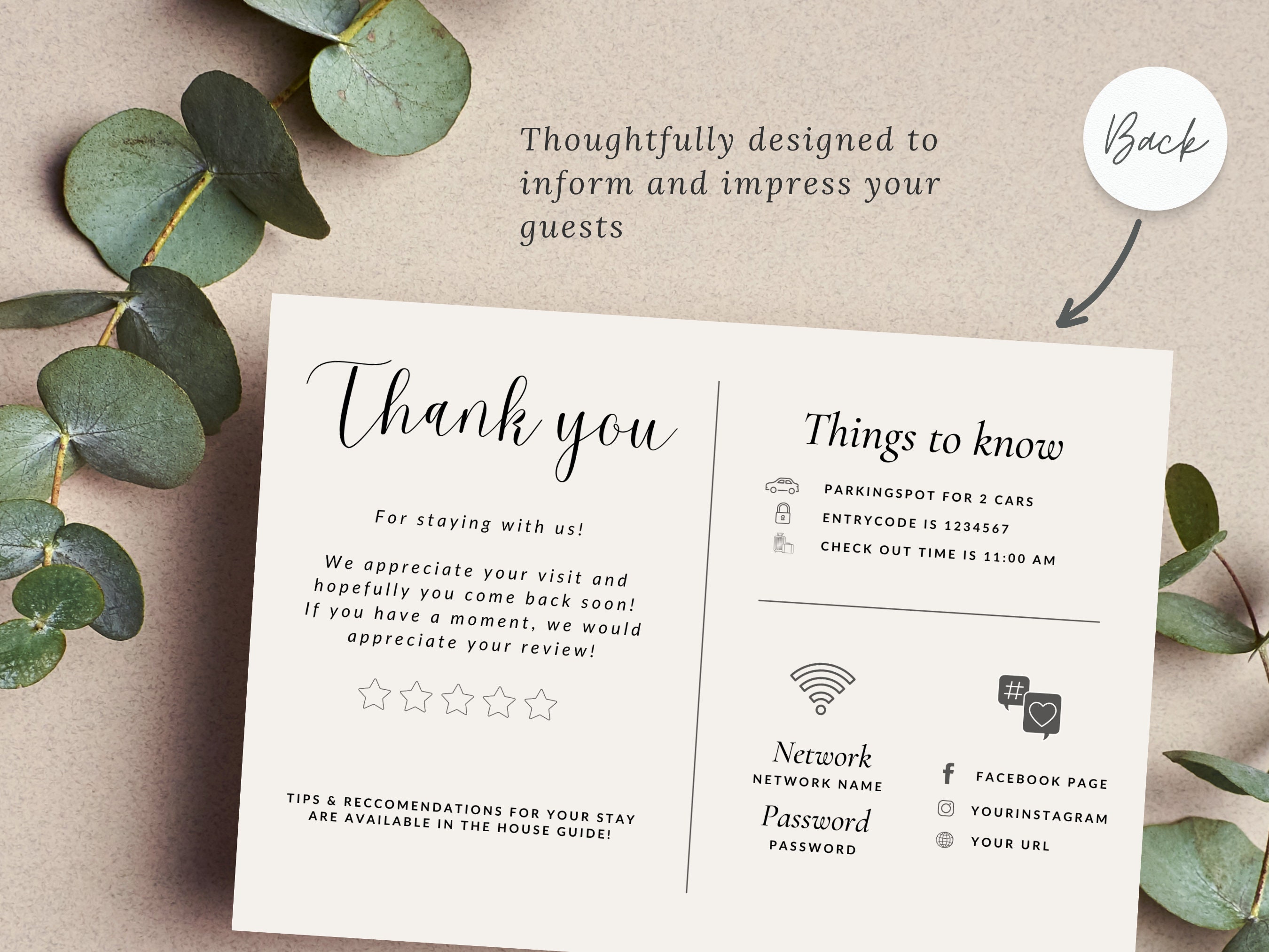 Welcome Card for Airbnb Short Term Rental Homes, Thank You for Staying ...