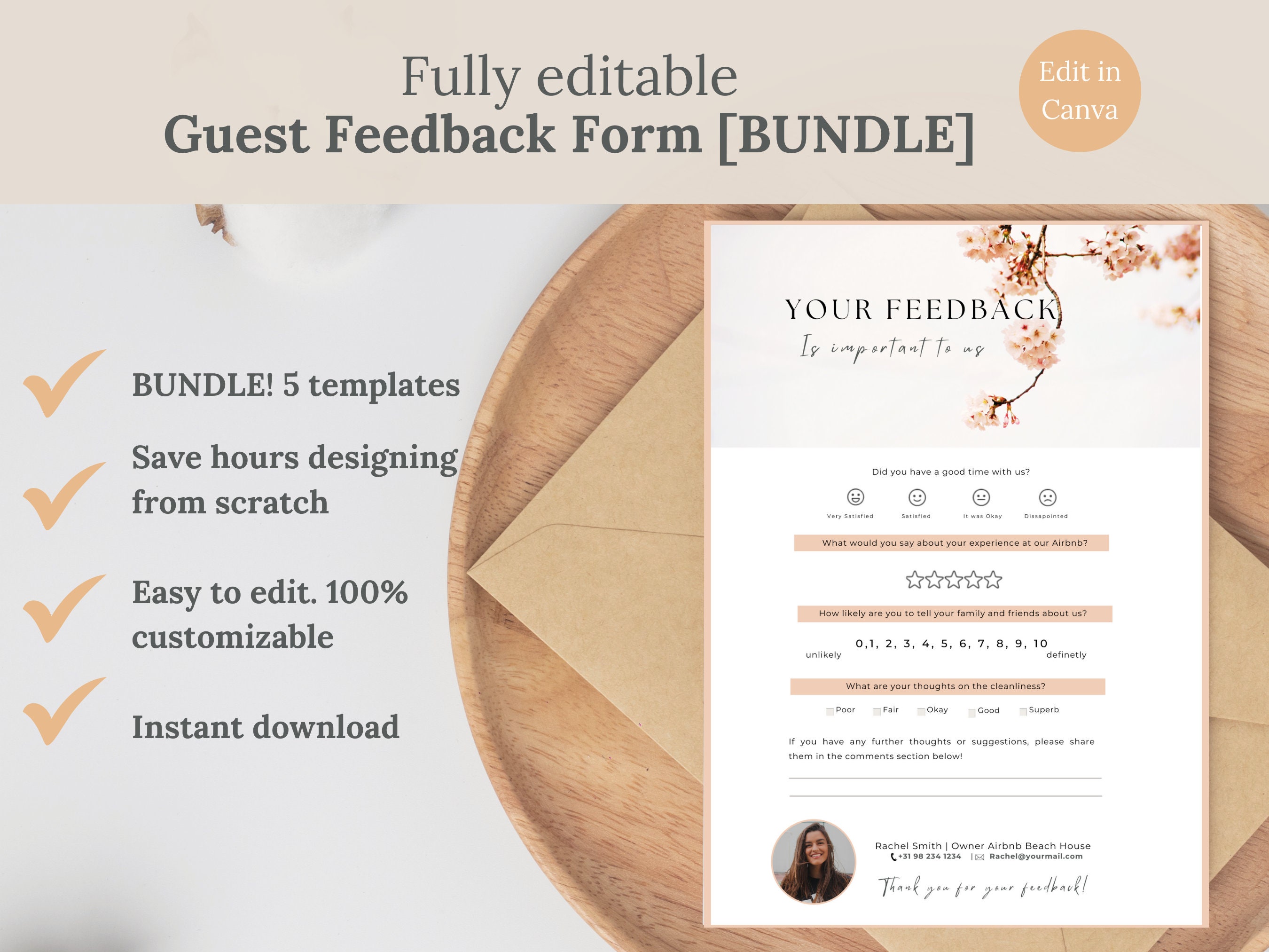 Editable Feedback Form Bundle, Airbnb Host, VRBO, Canva Template, Hotel ...