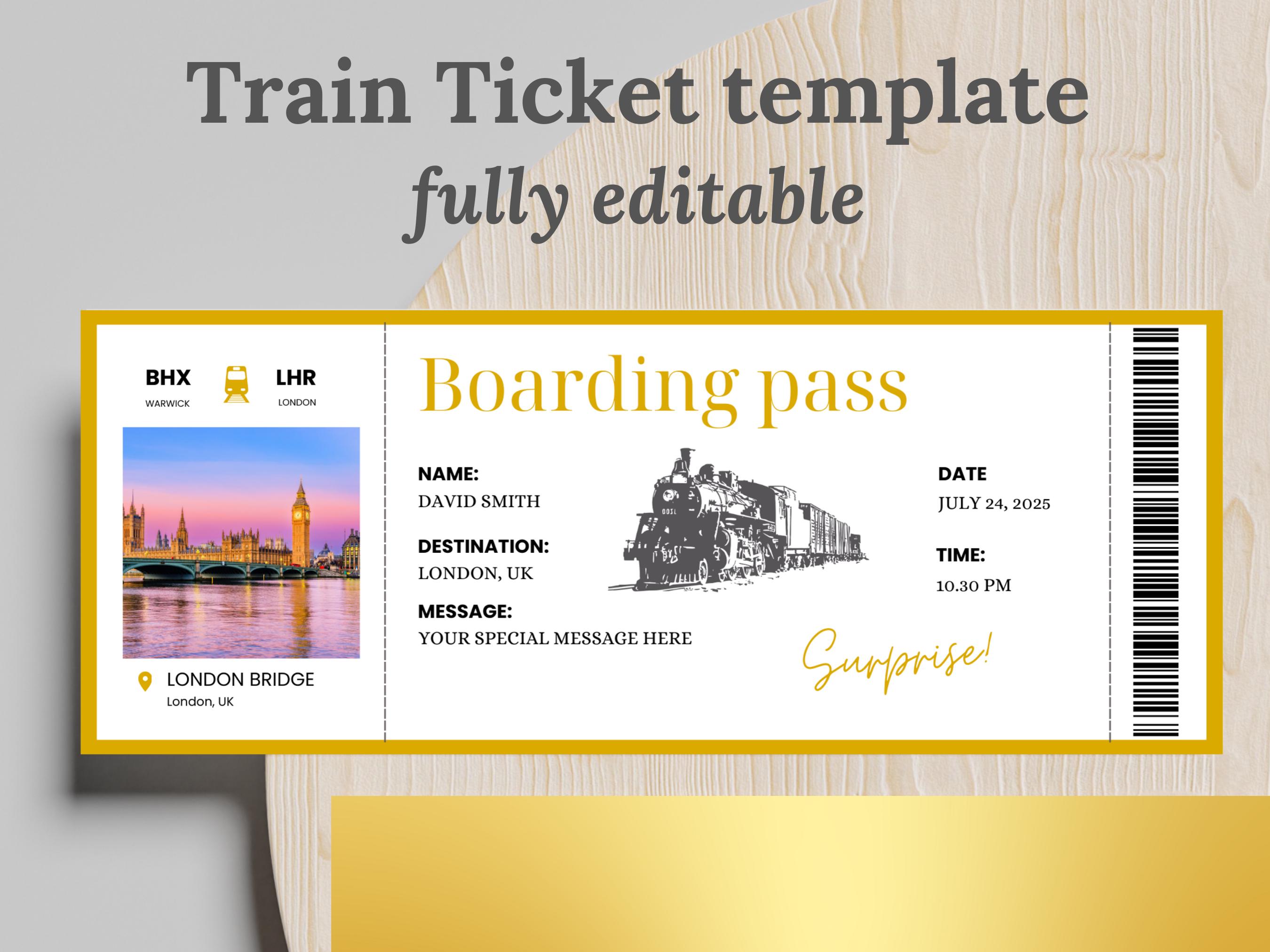 Train Boarding Pass, Train Ticket Template, Editable Train Trip Gift ...