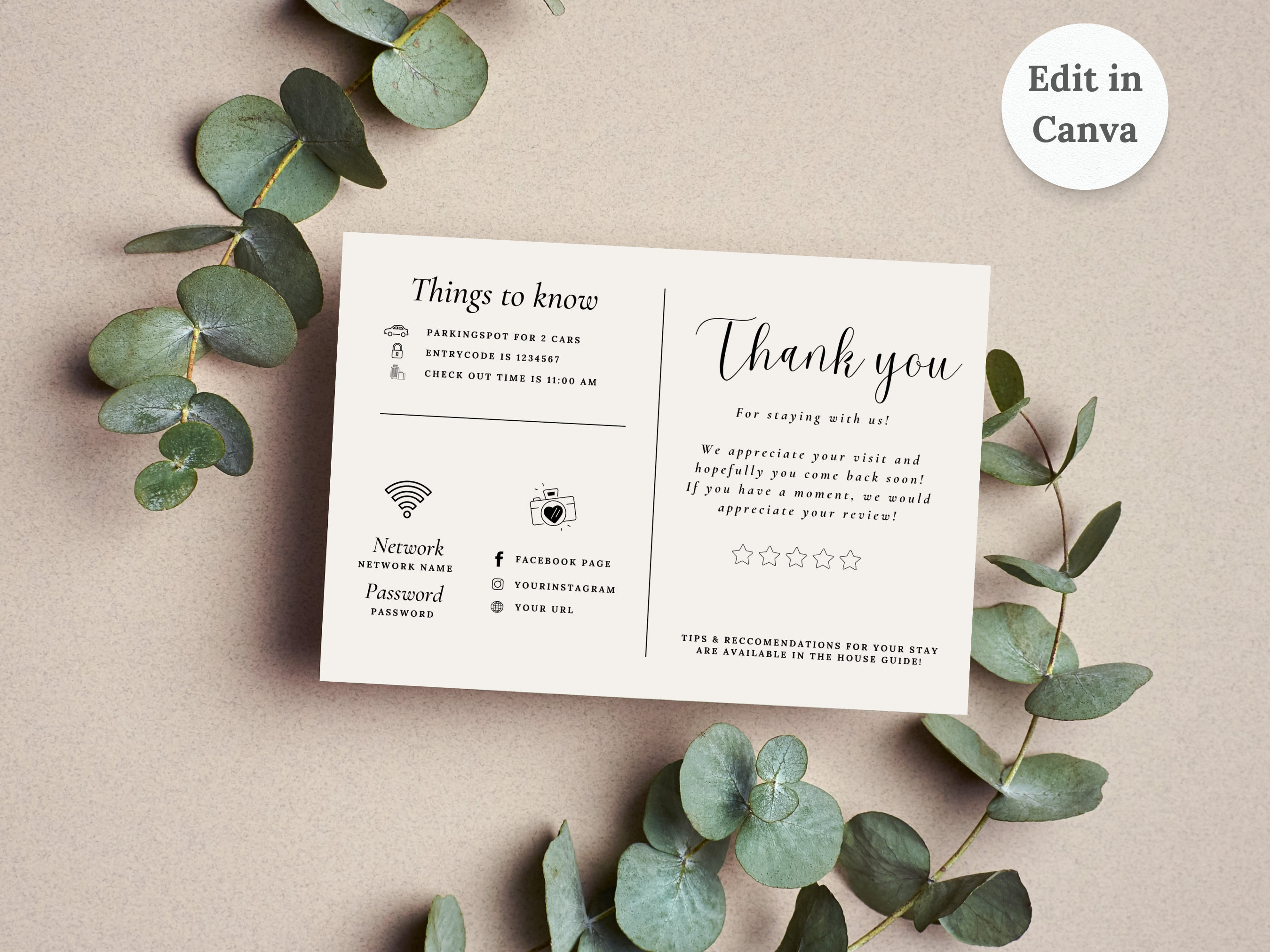 Welcome Card for Airbnb Short Term Rental Homes, Thank You for Staying ...