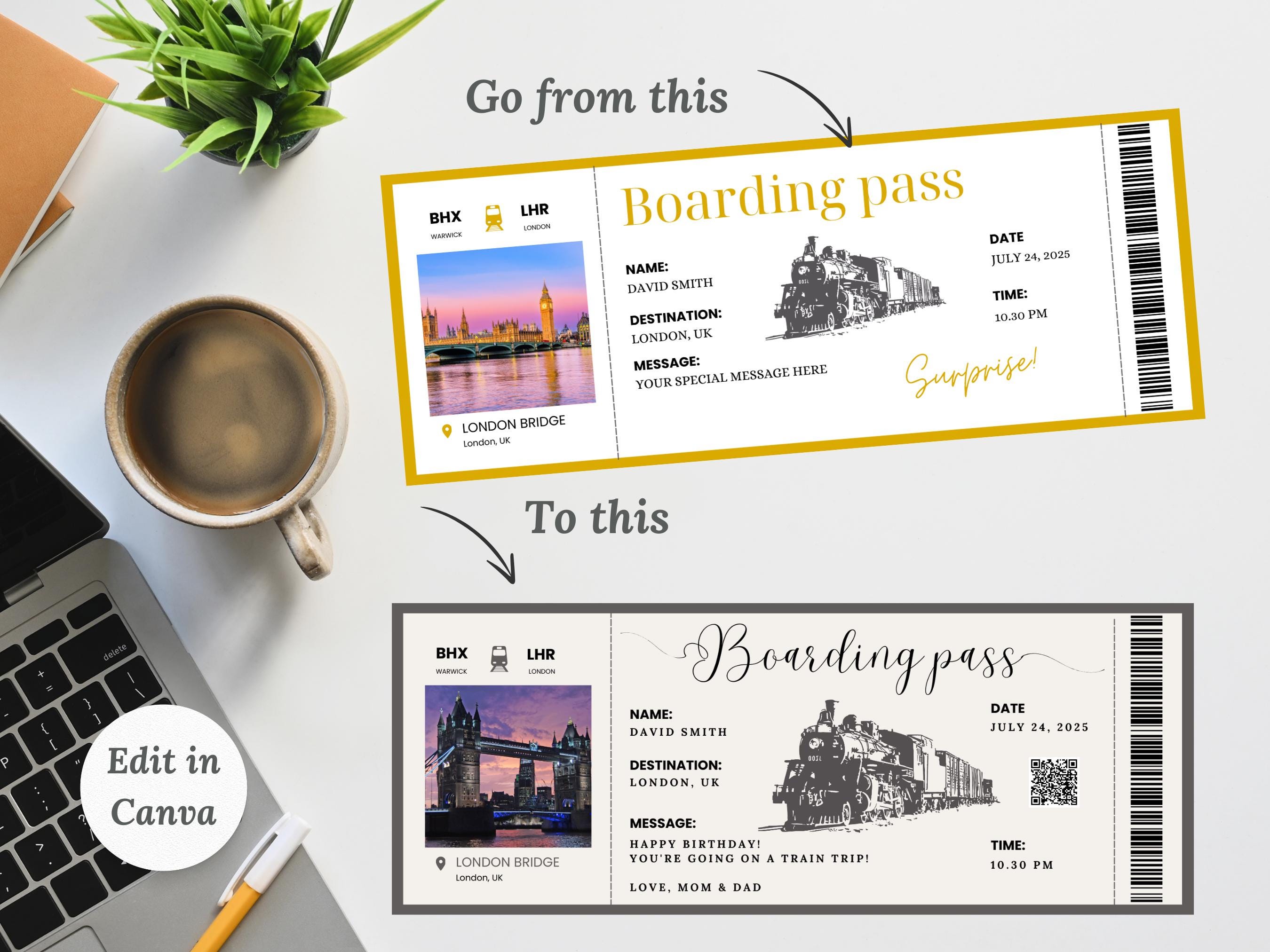 Train Boarding Pass, Train Ticket Template, Editable Train Trip Gift ...