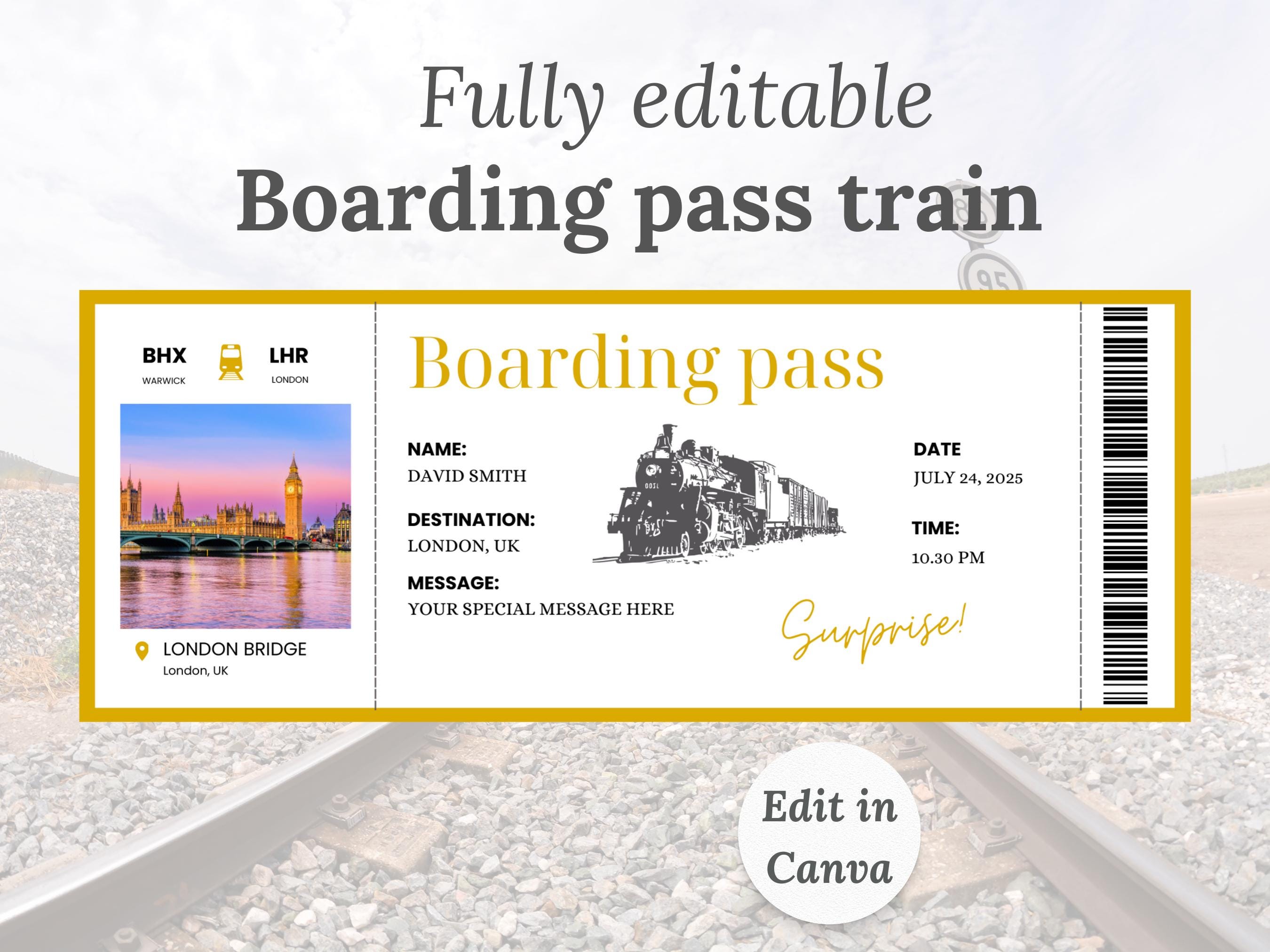 Train Boarding Pass, Train Ticket Template, Editable Train Trip Gift ...