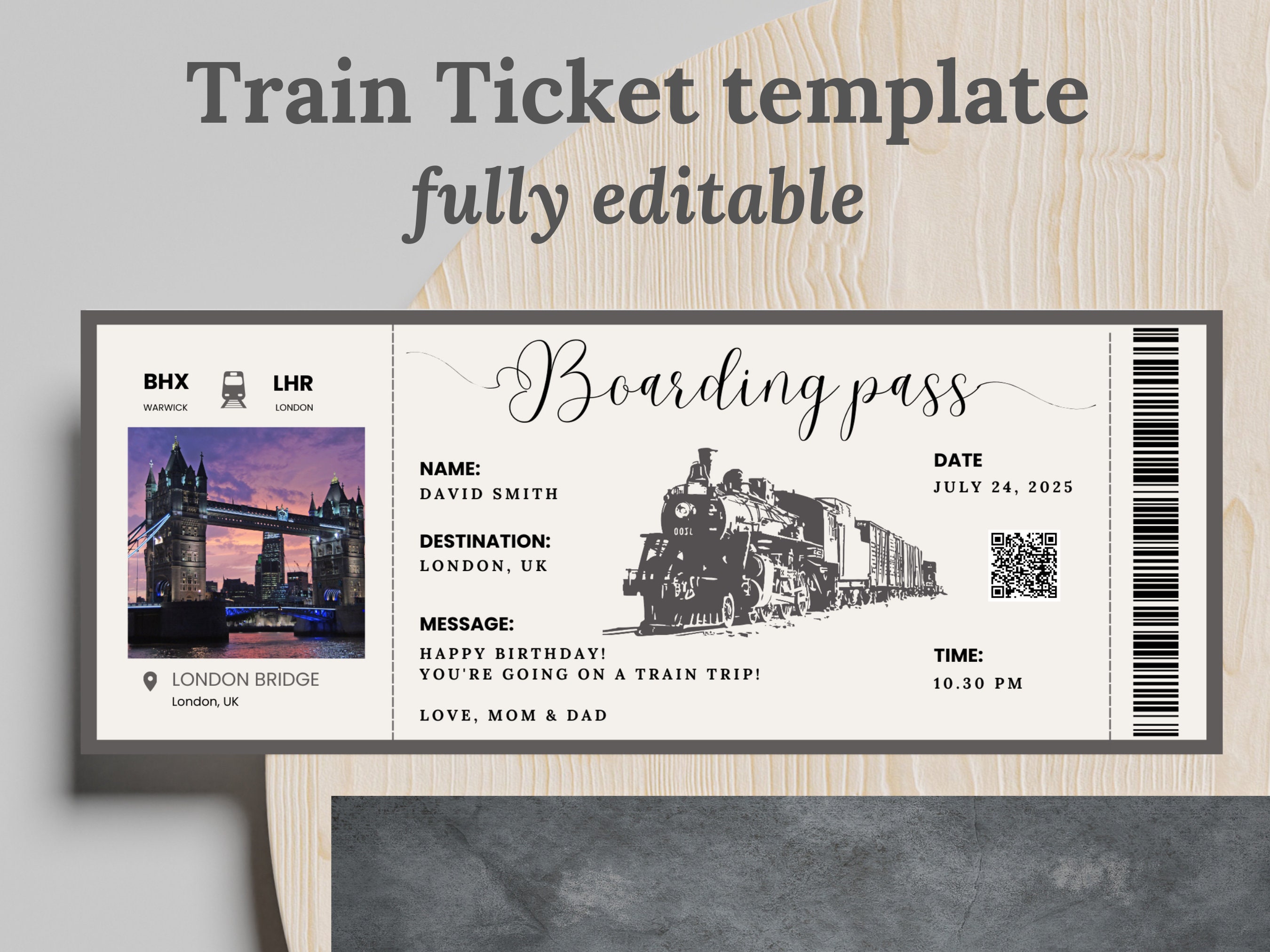 Train Ticket Template, Editable Boarding Pass, Train Trip Gift ...