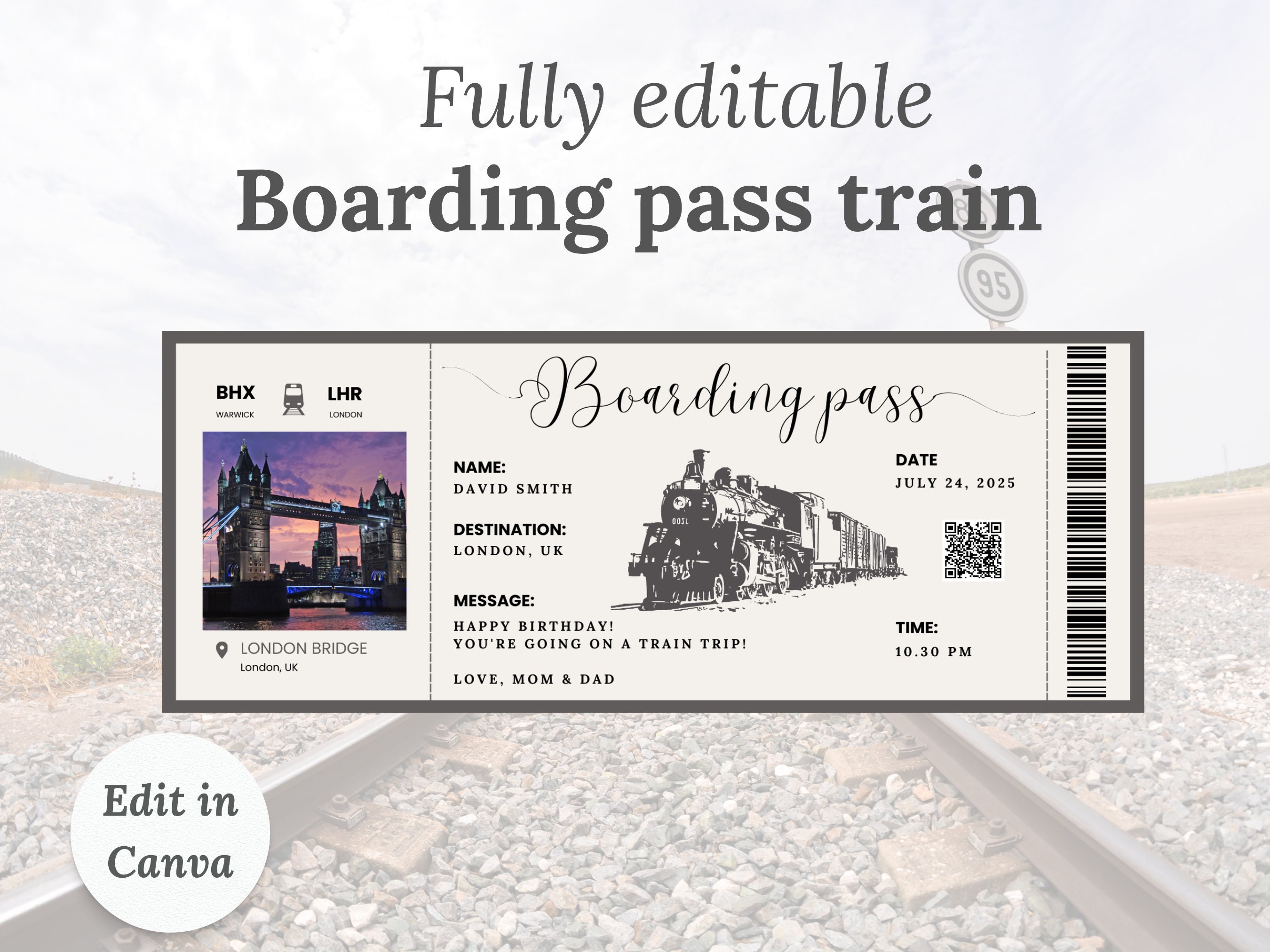 Train Ticket Template, Editable Boarding Pass, Train Trip Gift ...