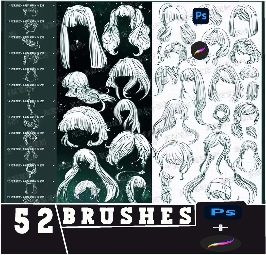 Procreate Brushes Cartoon Anime Character Hairstyle Line Draft Hair Two ...
