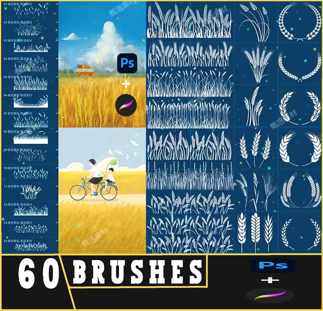 Wheat Field Procreate Brushes: Plant Silhouettes, Photoshop Stamps (60 ...
