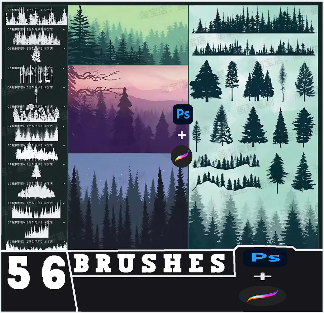 Pine Tree Silhouette Brushes: Forest Landscape (photoshop & Procreate ...
